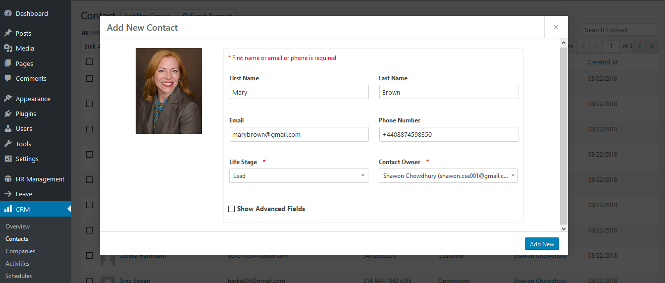 Adding A New Contact