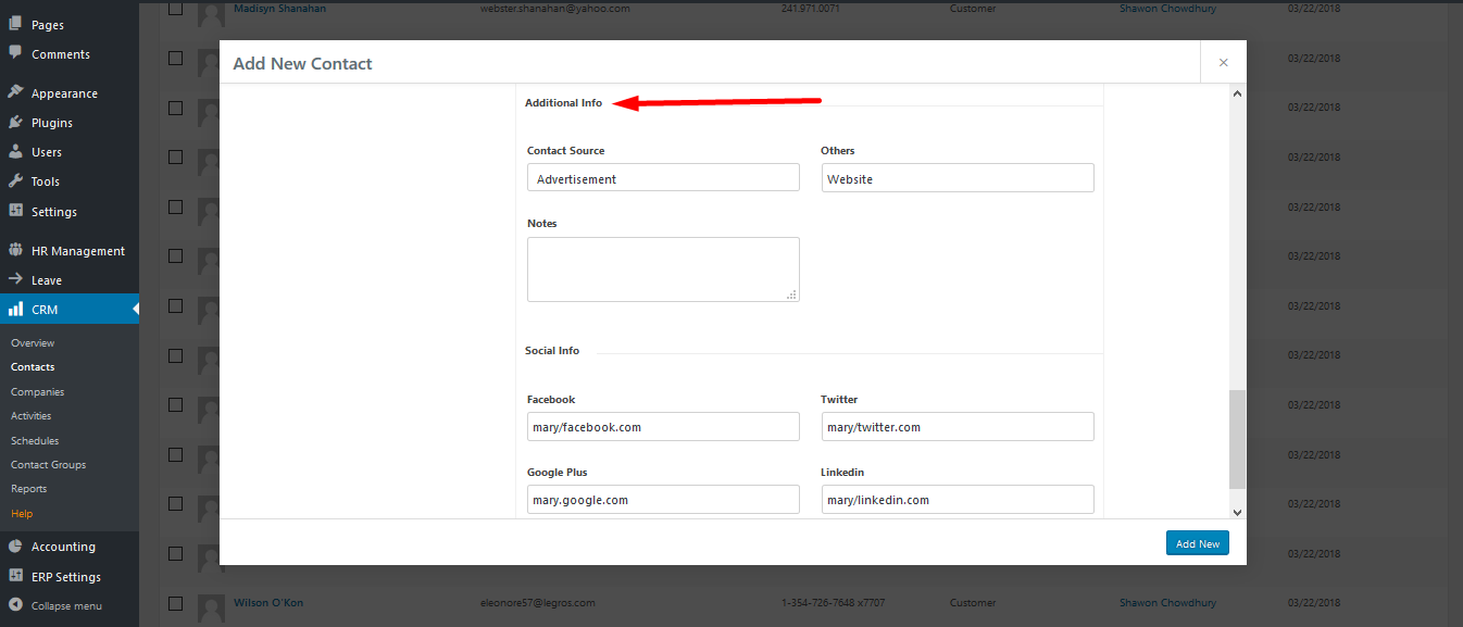 Adding a new contact