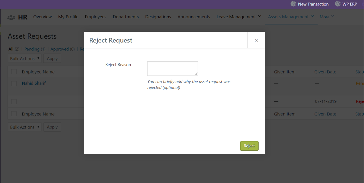 Asset Management Software for managing Company Asset with WP ERP