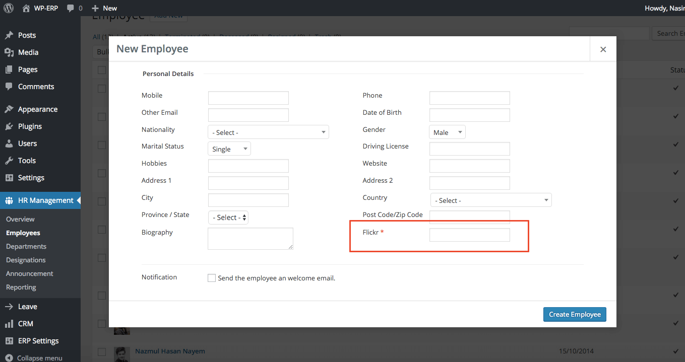 Add extra fields to WP ERP- CRM, HRM and Accounting user profiles